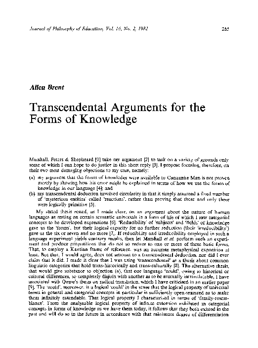 (PDF) Transcendental Arguments for the Forms of Knowledge