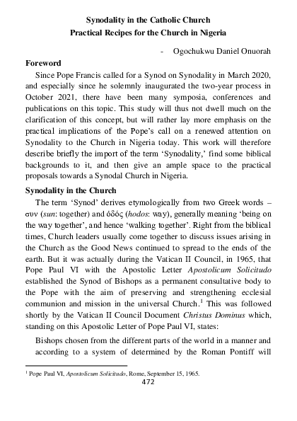 (PDF) Synodality in the Catholic Church: Practical Recipes for the Church in Nigeria