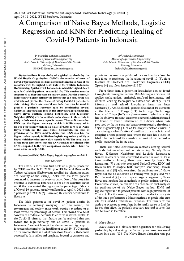 (PDF) A Comparison of Naive Bayes Methods, Logistic Regression and KNN for Predicting Healing of ...
