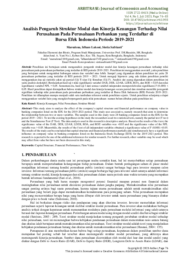 (PDF) Analisis Pengaruh Struktur Modal dan Kinerja Keuangan Terhadap Nilai Perusahaan Pada ...