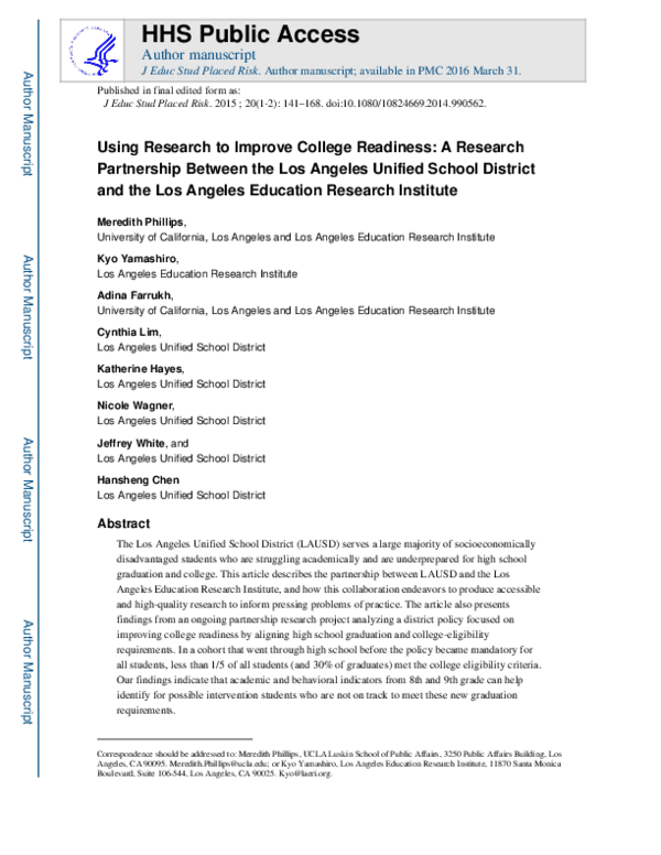 (PDF) Using Research to Improve College Readiness: A Research Partnership Between the Los ...