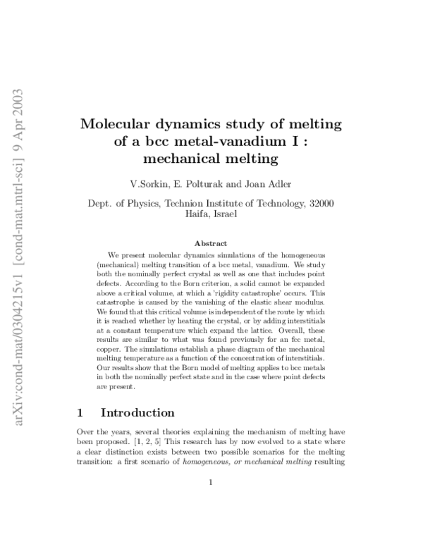 (PDF) Molecular dynamics study of melting of the bcc metal vanadium. I. Mechanical melting