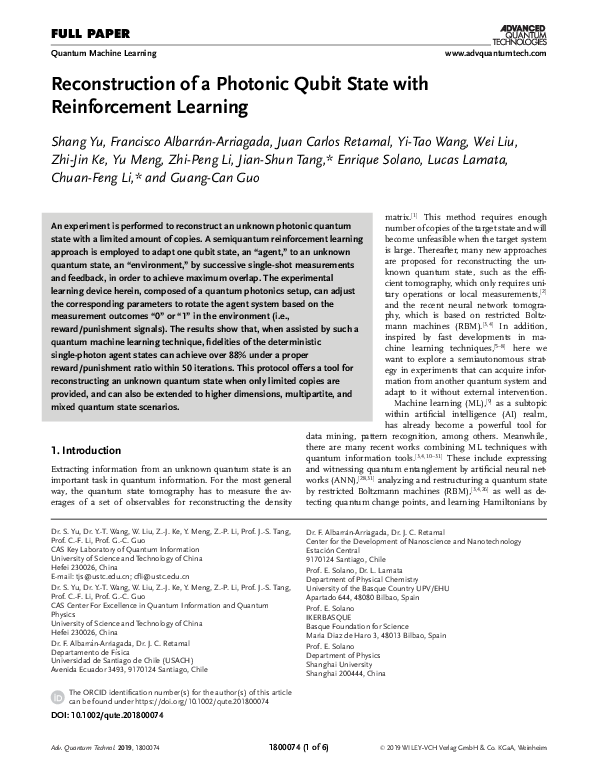 (PDF) Reconstruction of a Photonic Qubit State with Reinforcement Learning