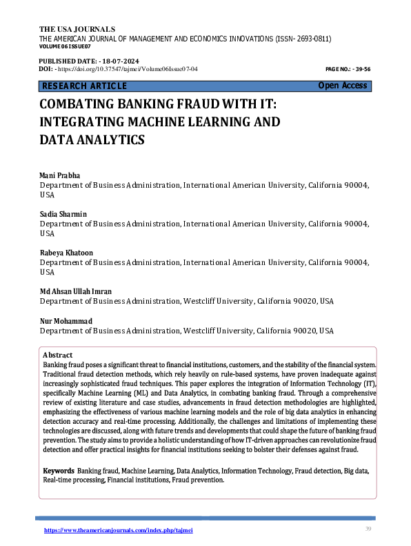 (PDF) COMBATING BANKING FRAUD WITH IT INTEGRATING MACHINE LEARNING AND DATA ANALYTICS