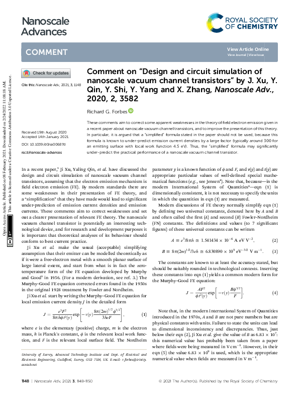 (PDF) Comment on “Design and circuit simulation of nanoscale vacuum ...