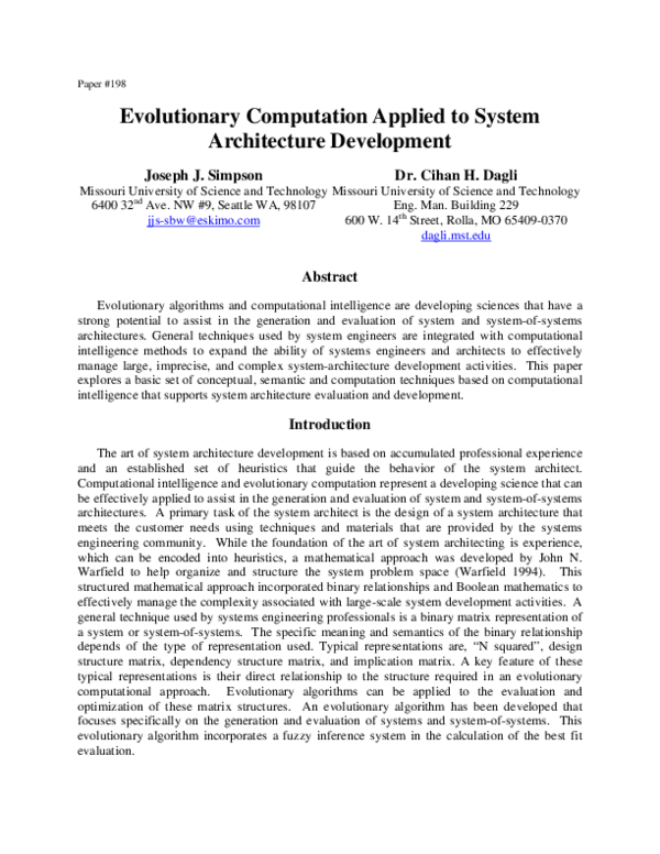 (PDF) Evolutionary Computation Applied to System Architecture Development