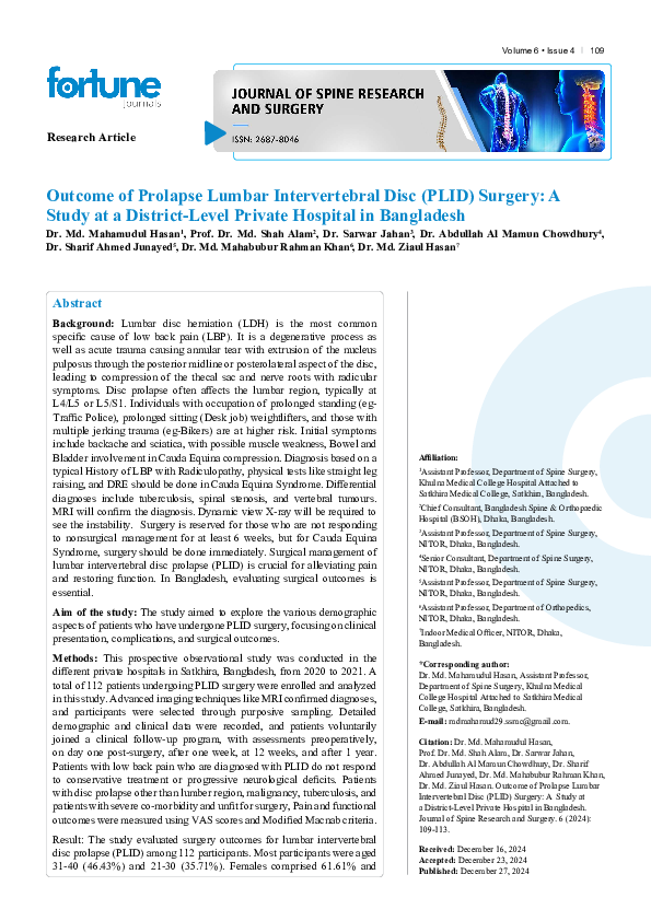 (PDF) Outcome of Prolapse Lumbar Intervertebral Disc (PLID) Surgery: A ...