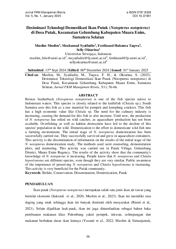 (PDF) Desiminasi Teknologi Domestikasi Ikan Putak (Notopterus ...