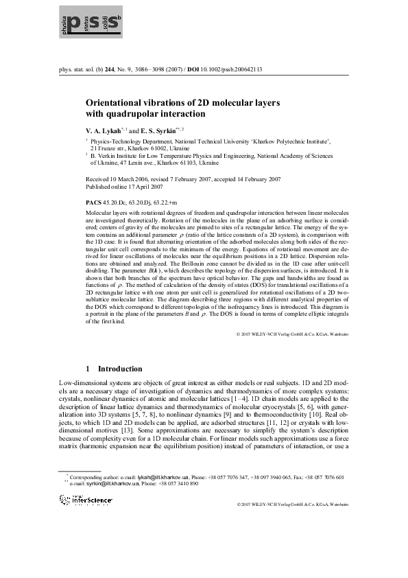 (PDF) Orientational vibrations of 2D molecular layers with quadrupolar ...