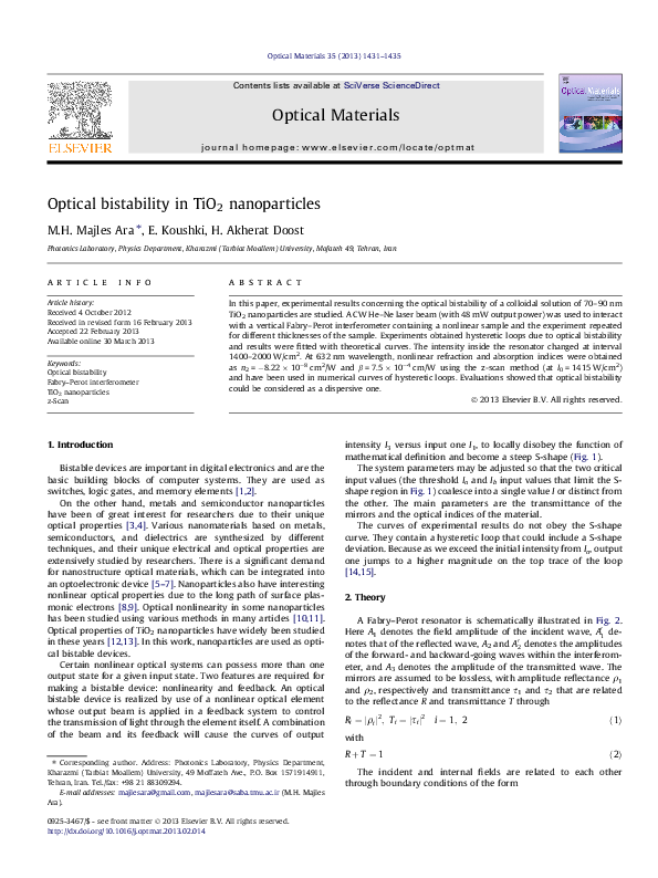 (PDF) Optical bistability in TiO2 nanoparticles