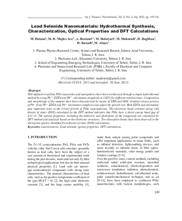 (PDF) Lead Selenide Nanomaterials: Hydrothermal Synthesis, Characterization, Optical Properties ...