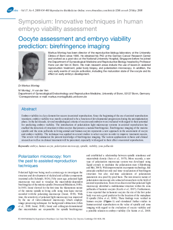 (PDF) Oocyte assessment and embryo viability prediction: birefringence imaging