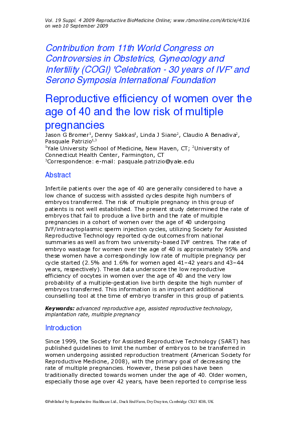 (PDF) Reproductive efficiency of women over the age of 40 and the low ...