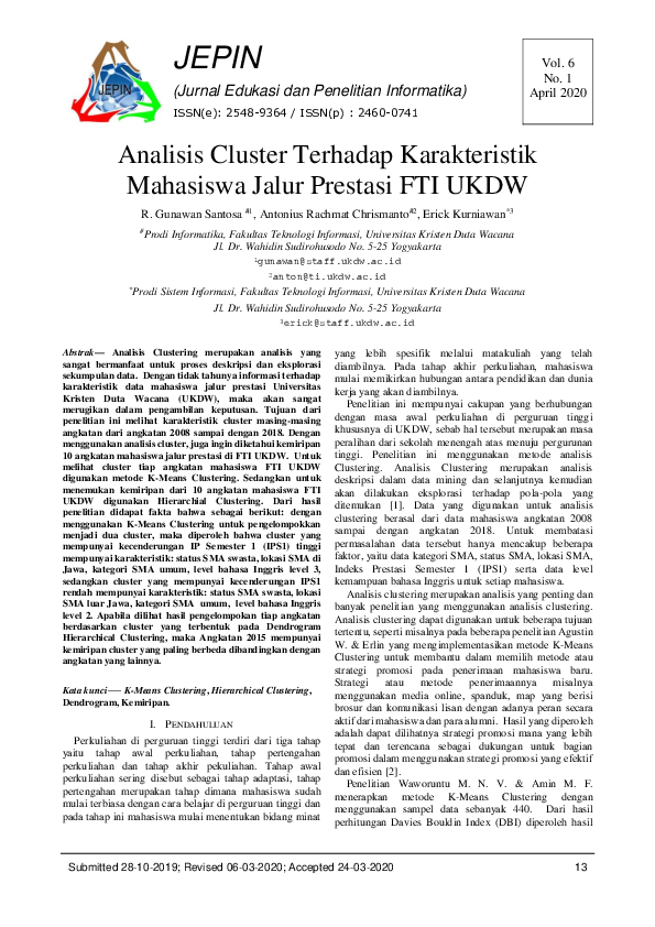 (PDF) Analisis Cluster Terhadap Karakteristik Mahasiswa Jalur Prestasi FTI UKDW