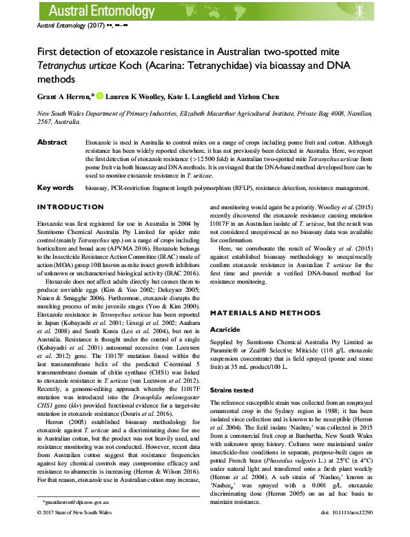 (PDF) First detection of etoxazole resistance in Australian two‐spotted ...