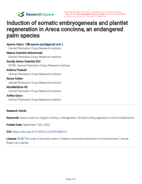 (PDF) Induction of somatic embryogenesis and plantlet regeneration in ...