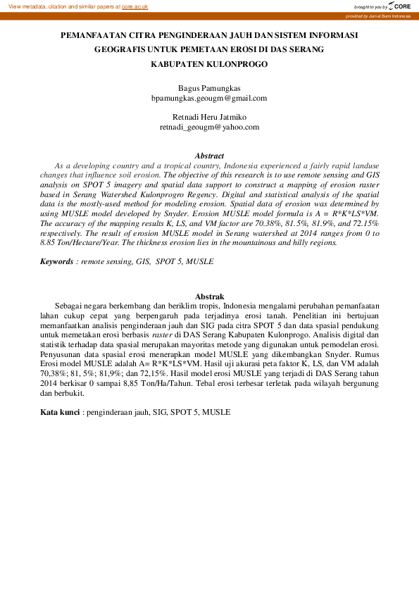 (PDF) Pemanfaatan Citra Penginderaan Jauh Dan Sistem Informasi Geografis Untuk Pemetaan Erosi DI ...