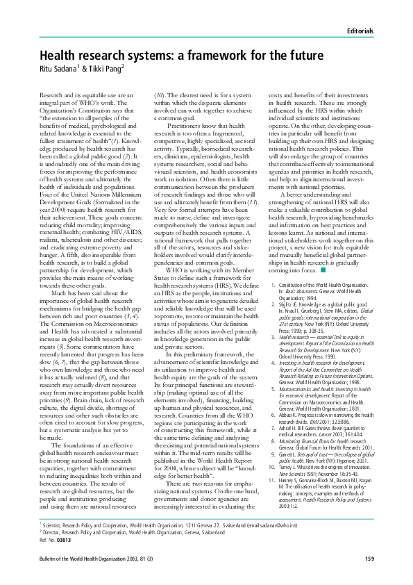 (PDF) Health research systems: a framework for the future