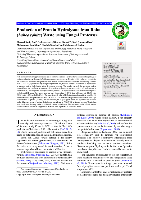(PDF) Production of Protein Hydrolysate from Rohu (Labeo rohita) Waste ...