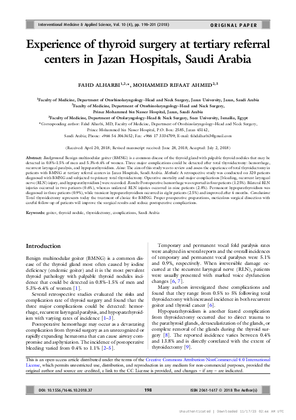 (PDF) Experience of thyroid surgery at tertiary referral centers in ...
