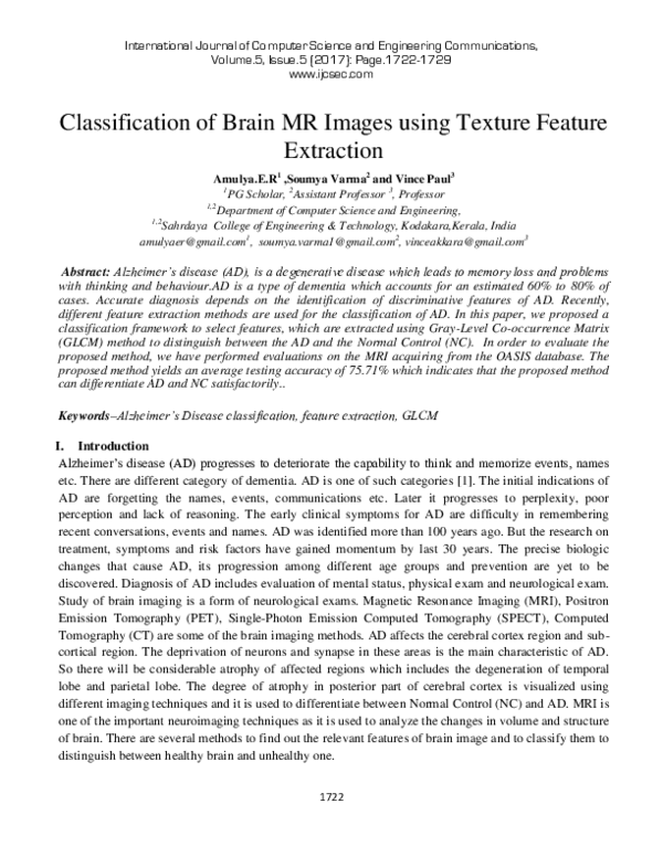 (PDF) Classification of Brain MR Images using Texture Feature Extraction