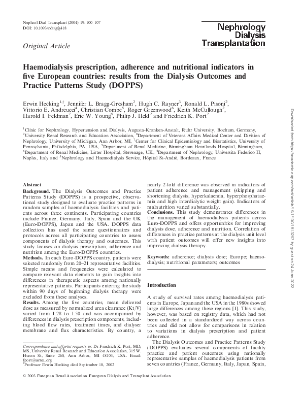 (PDF) Haemodialysis prescription, adherence and nutritional indicators ...