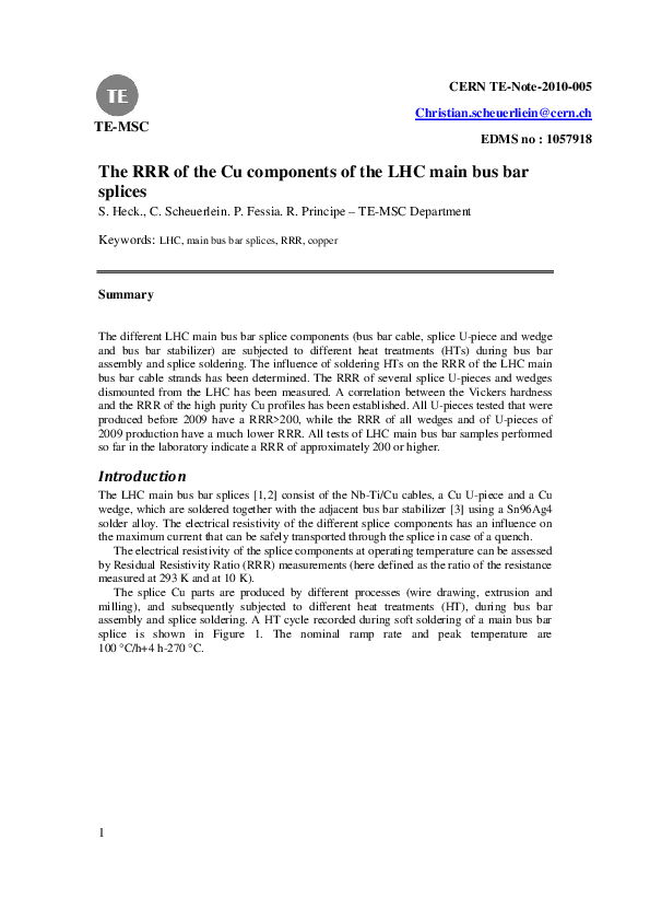 (PDF) The RRR of the Cu components of the LHC main bus bar splices