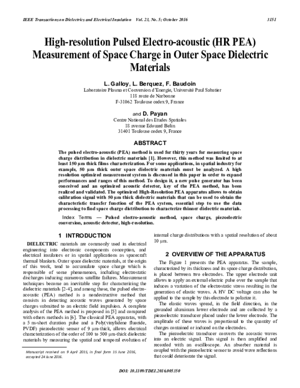 (PDF) High-resolution pulsed electro-acoustic (HR PEA) measurement of space charge in outer ...