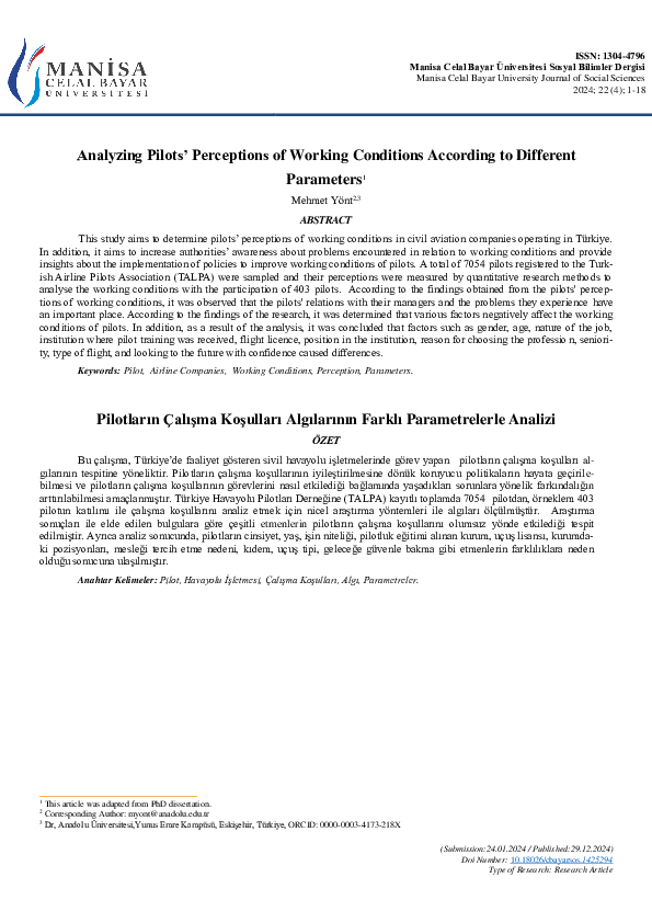 (PDF) Analyzing Pilots’ Perceptions of Working Conditions According to Different Parameters