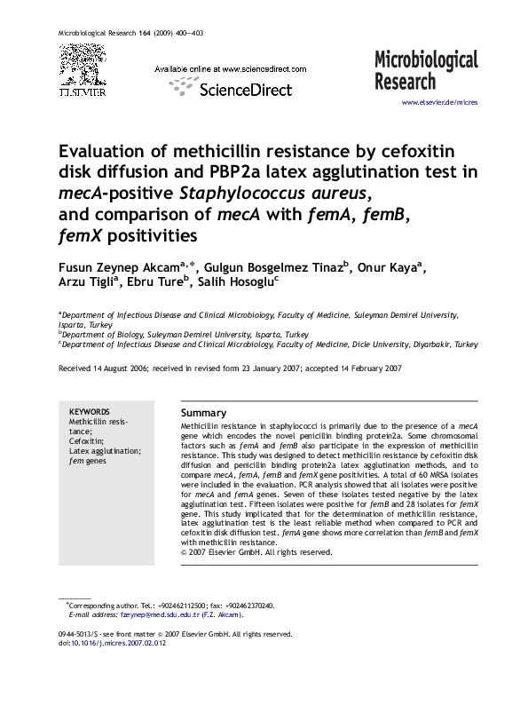 (PDF) Evaluation of methicillin resistance by cefoxitin disk diffusion and PBP2a latex ...
