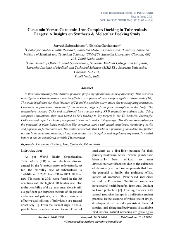 (PDF) Curcumin Versus Curcumin-Iron Complex Docking in Tuberculosis ...