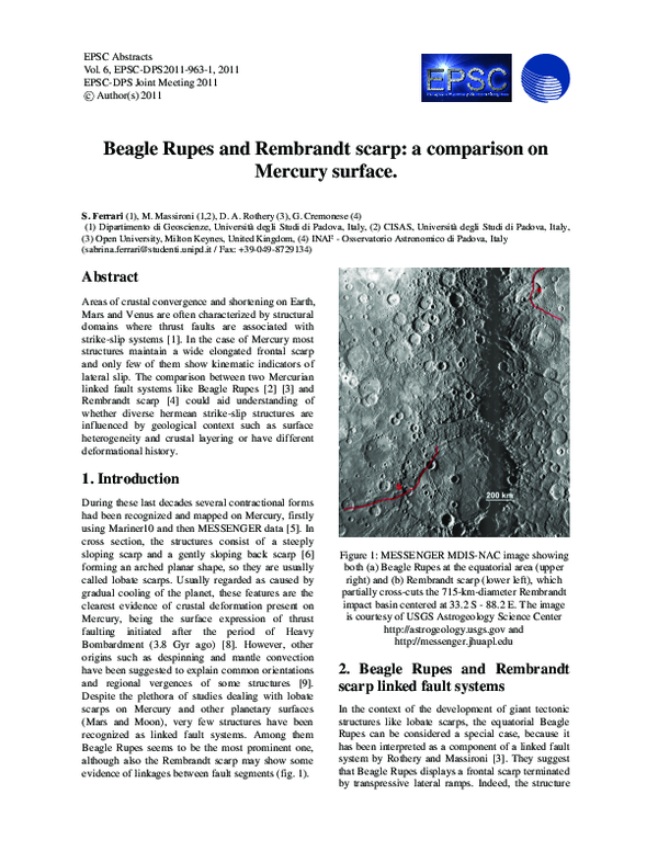 (PDF) Beagle Rupes and Rembrandt scarp: a comparison on Mercury surface