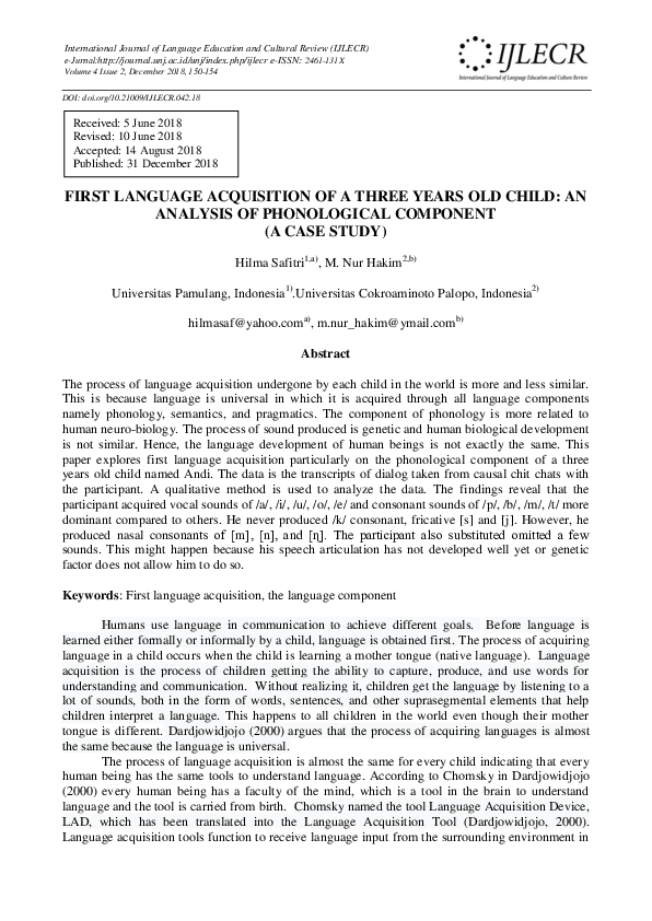 (PDF) First Language Acquisition of a Three Years Old Child: An Analysis of Phonological ...