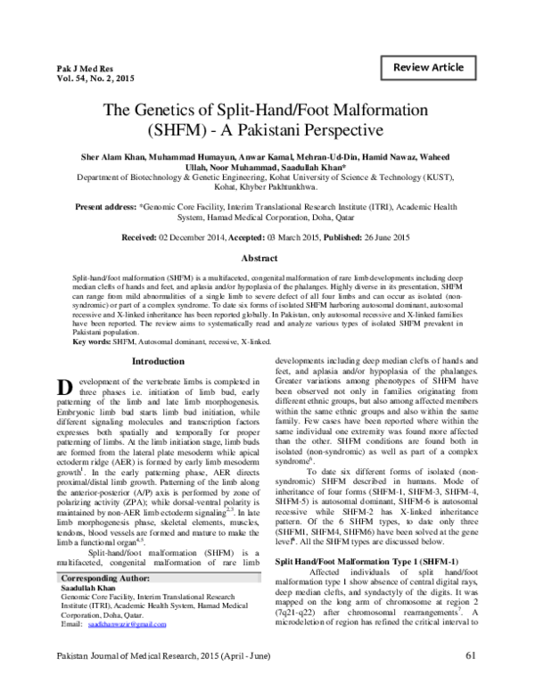 (PDF) Genetics of split hand (Pakistan Journal of Medical Research)