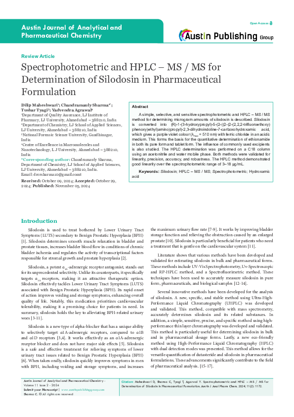 (PDF) Spectrophotometric and HPLC – MS / MS for Determination of Silodosin in Pharmaceutical ...