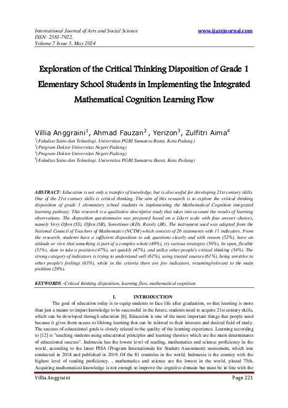 (PDF) Exploration of the Critical Thinking Disposition of Grade 1 Elementary School Students in ...