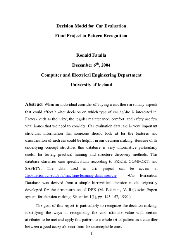 (PDF) Decision Model for Car Evaluation Final Project in Pattern Recognition