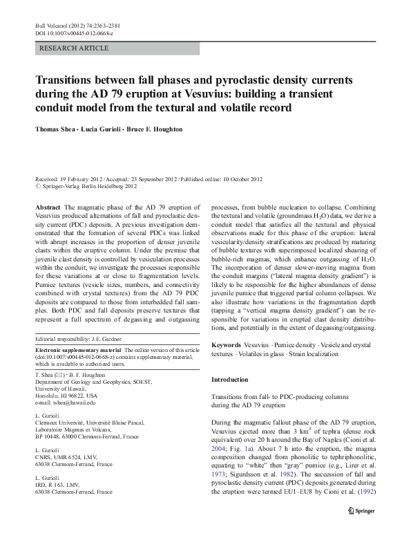 (PDF) Transitions between fall phases and pyroclastic density currents ...