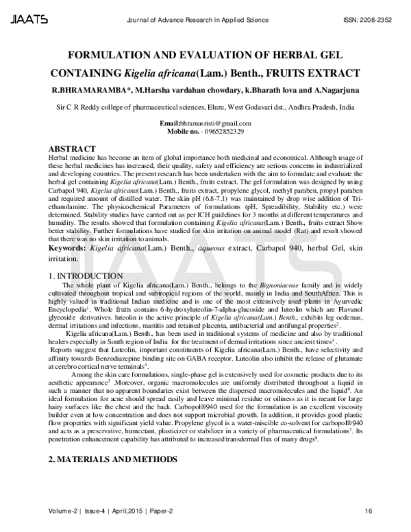 (PDF) Formulation and Evaluation of Herbal Gel Containing Kigelia ...