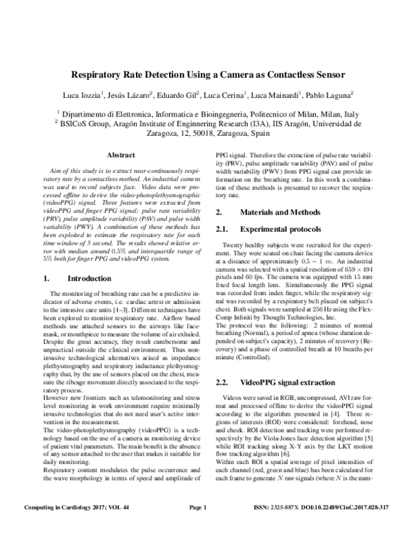 (PDF) Respiratory Rate Detection Using a Camera as Contactless Sensor