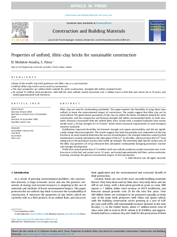 (PDF) Properties of unfired, illitic-clay bricks for sustainable ...