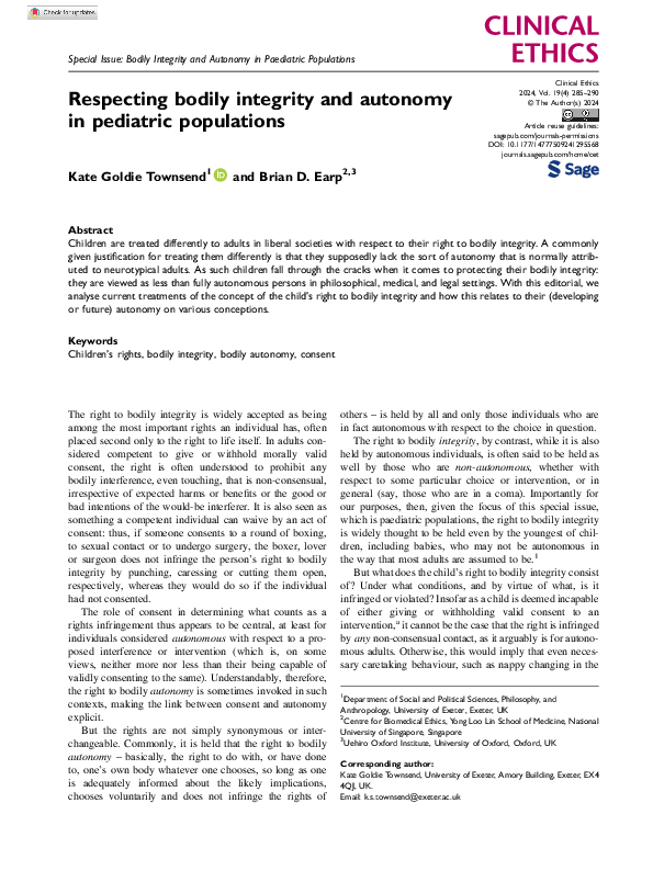 (PDF) Respecting bodily integrity and autonomy in pediatric populations
