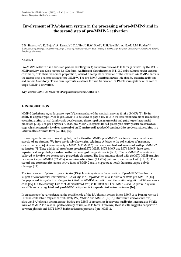 (PDF) Involvement of PA/plasmin system in the processing of pro‐MMP‐9 ...