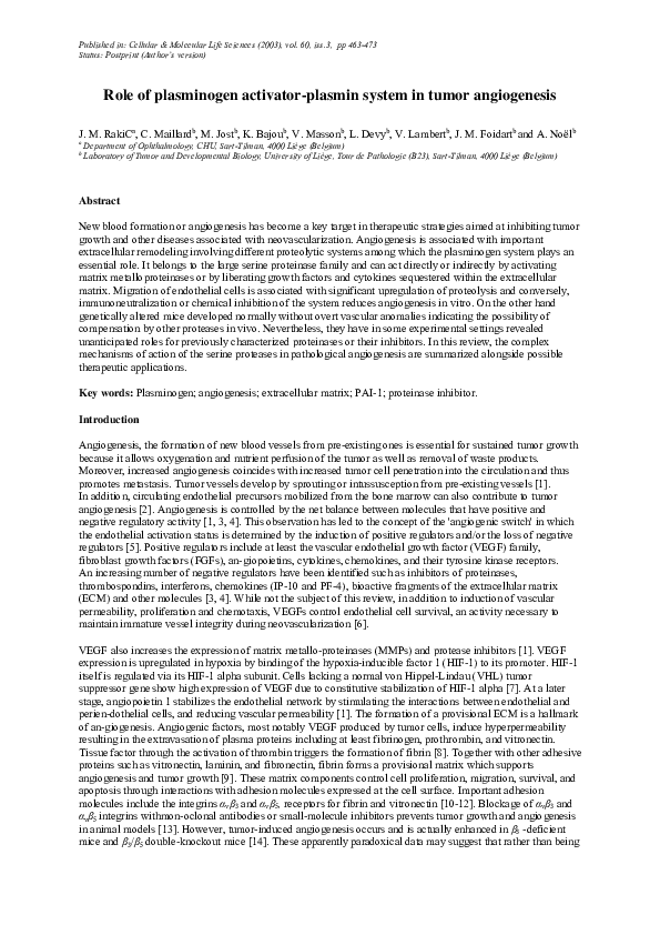 (PDF) Role of plasminogen activator-plasmin system in tumor angiogenesis