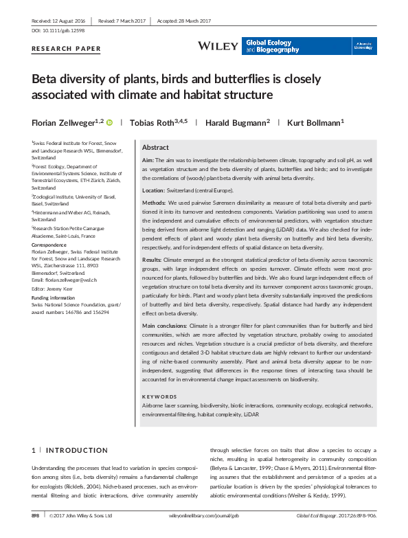 (PDF) Beta diversity of plants, birds and butterflies is closely ...