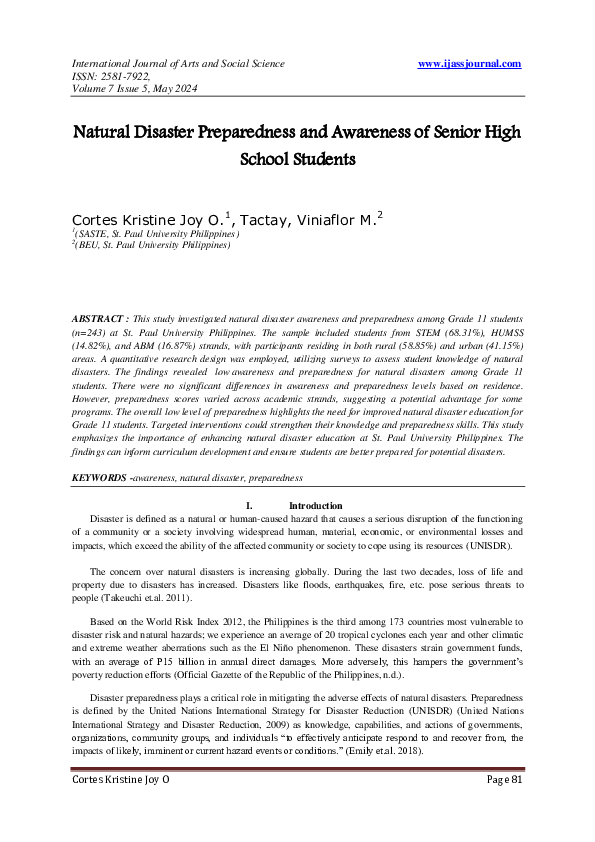 (PDF) Natural Disaster Preparedness and Awareness of Senior High School ...