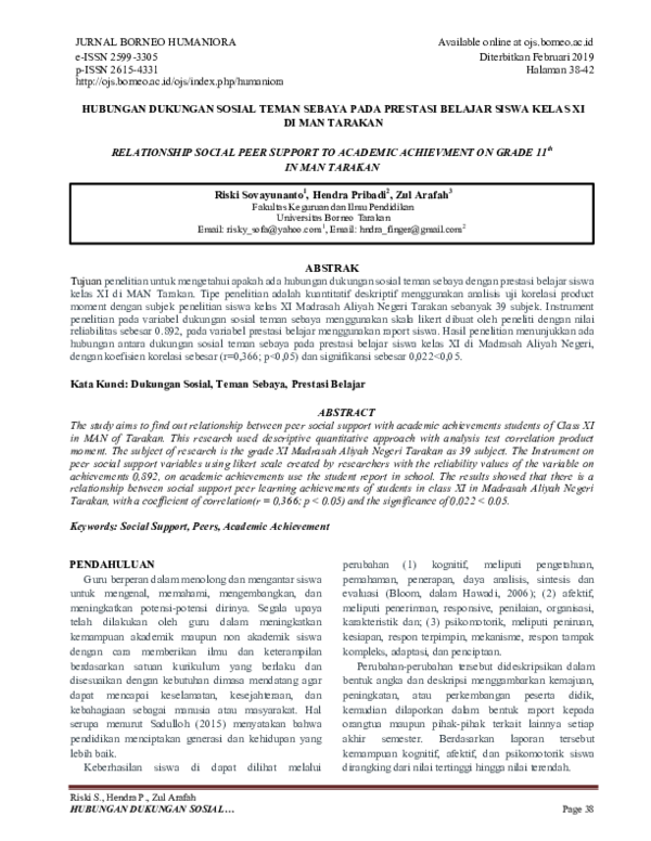 (PDF) Hubungan Dukungan Sosial Teman Sebaya Pada Prestasi Belajar Siswa Kelas XI DI Man Tarakan