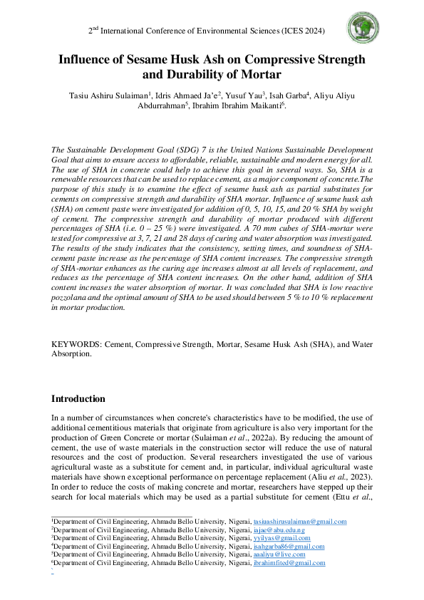 (PDF) Influence of Sesame Husk Ash on Compressive Strength and ...