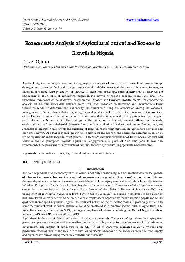 (PDF) Econometric Analysis of Agricultural output and Economic Growth in Nigeria