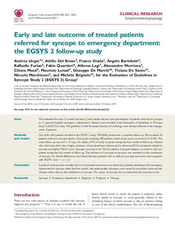 (PDF) Early and late outcome of treated patients referred for syncope ...